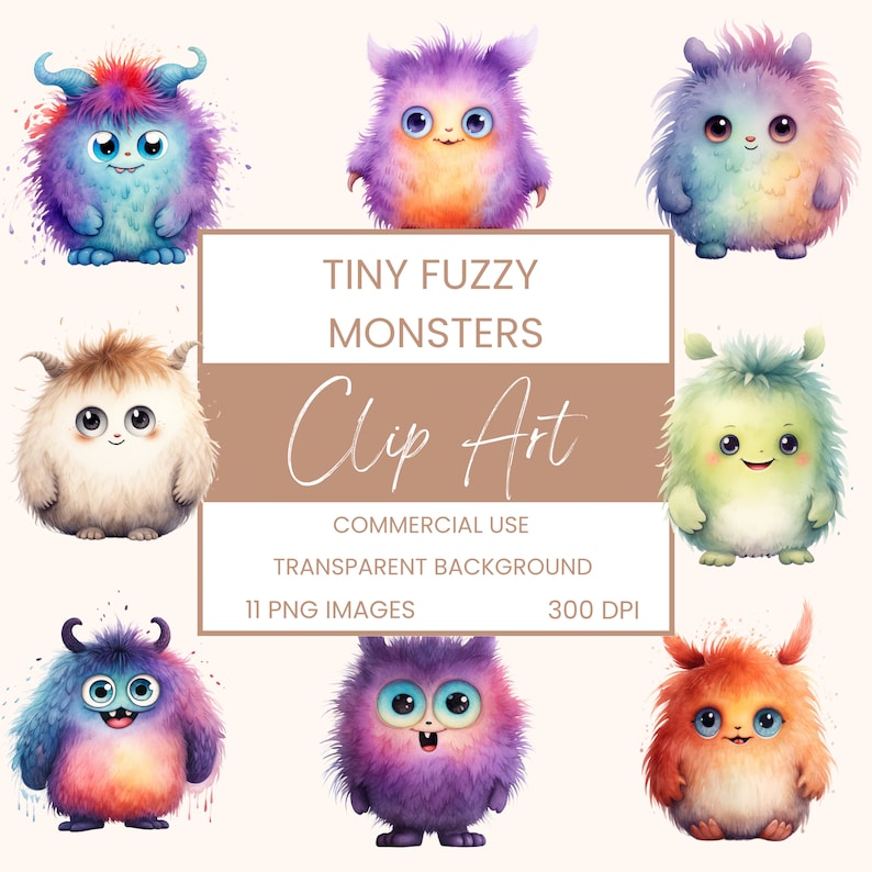 Tiny Fuzzy Monsters Clip Art Pack Watercolour, Clipart or Commercial ...