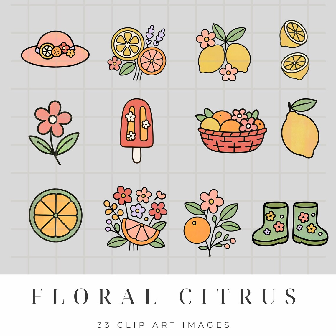 Floral Citrus Clipart Bundle – Lemon, Orange & Blossom Pngs – Pastel ...