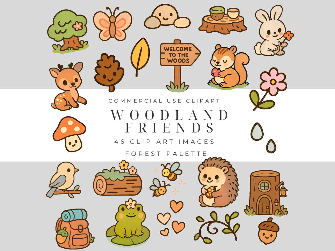 Woodland Animals Clipart Set – Cute Forest Creatures, Trees, Mushrooms ...