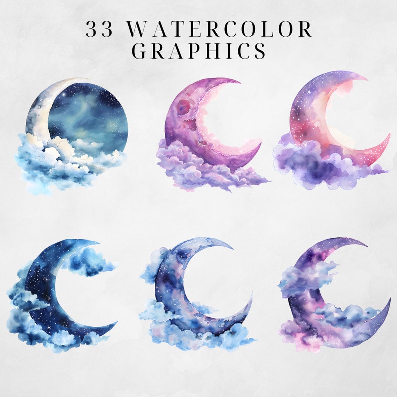 Watercolor Mystical Moons Clipart, BUNDLE, Moon, Half Moon, Clouds ...