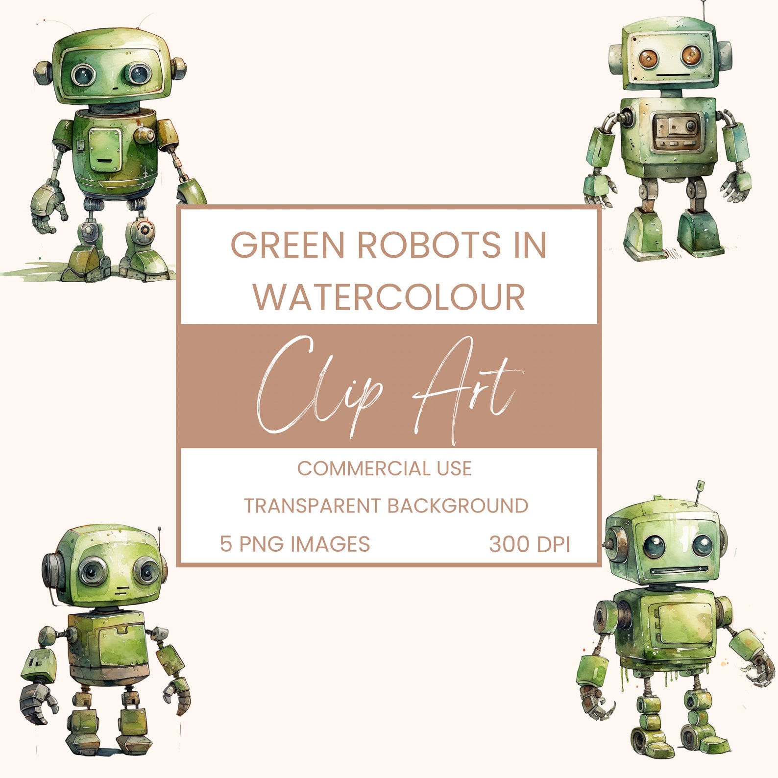 Green Watercolour Robots Clip Art Pack Watercolour, Clipart for ...
