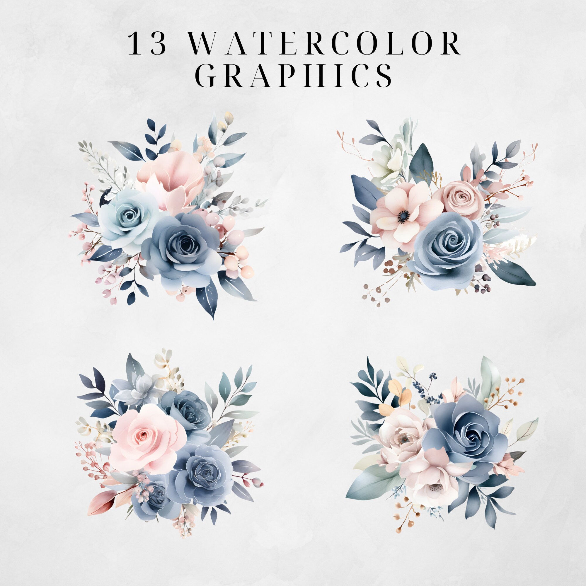 Blue & Pink Bouquet Watercolor Clipart PNG, Junk Journaling, Bundle ...