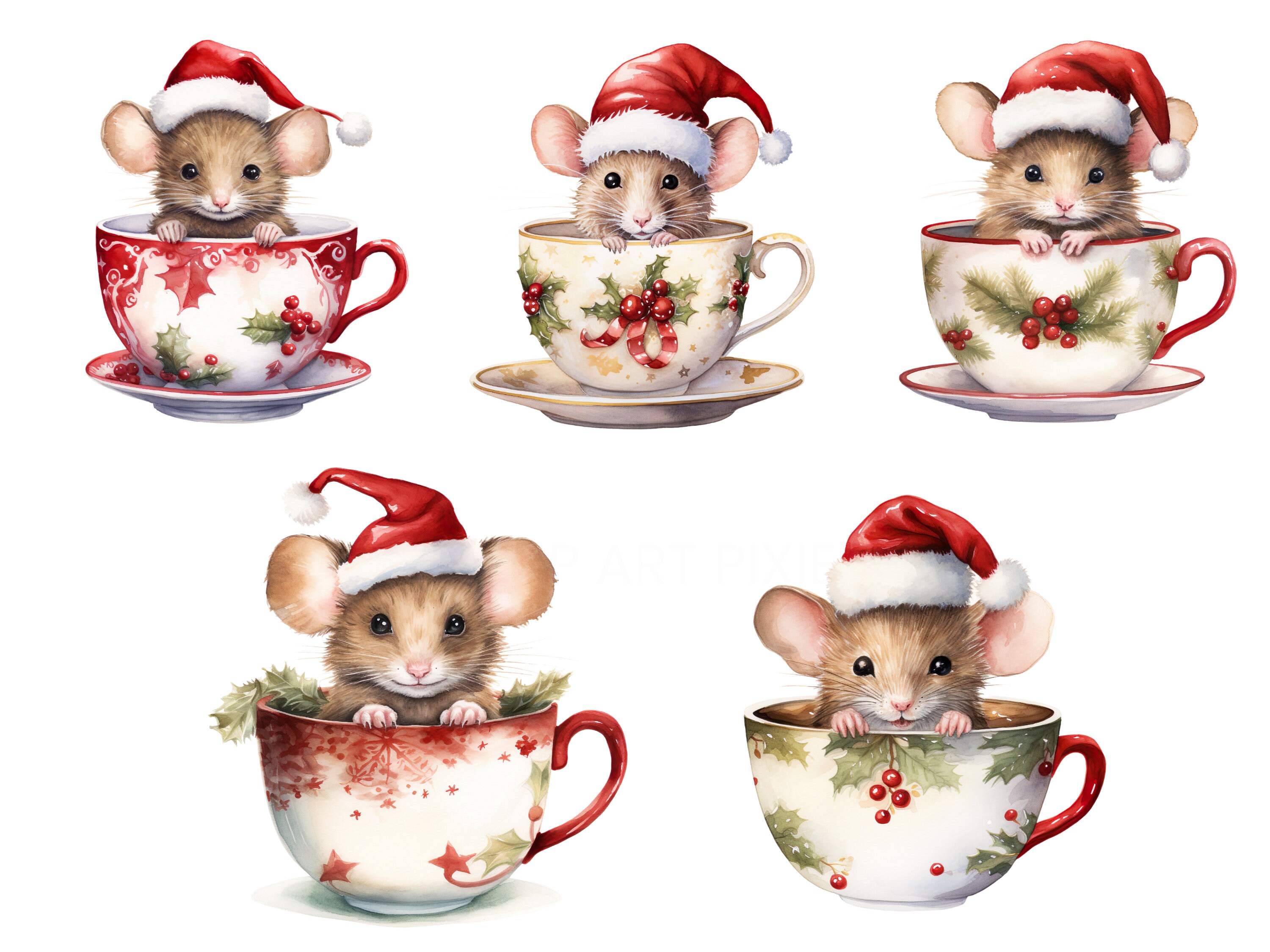 Christmas Mice in Teacups Clip Art Pack Watercolour, Clipart or ...
