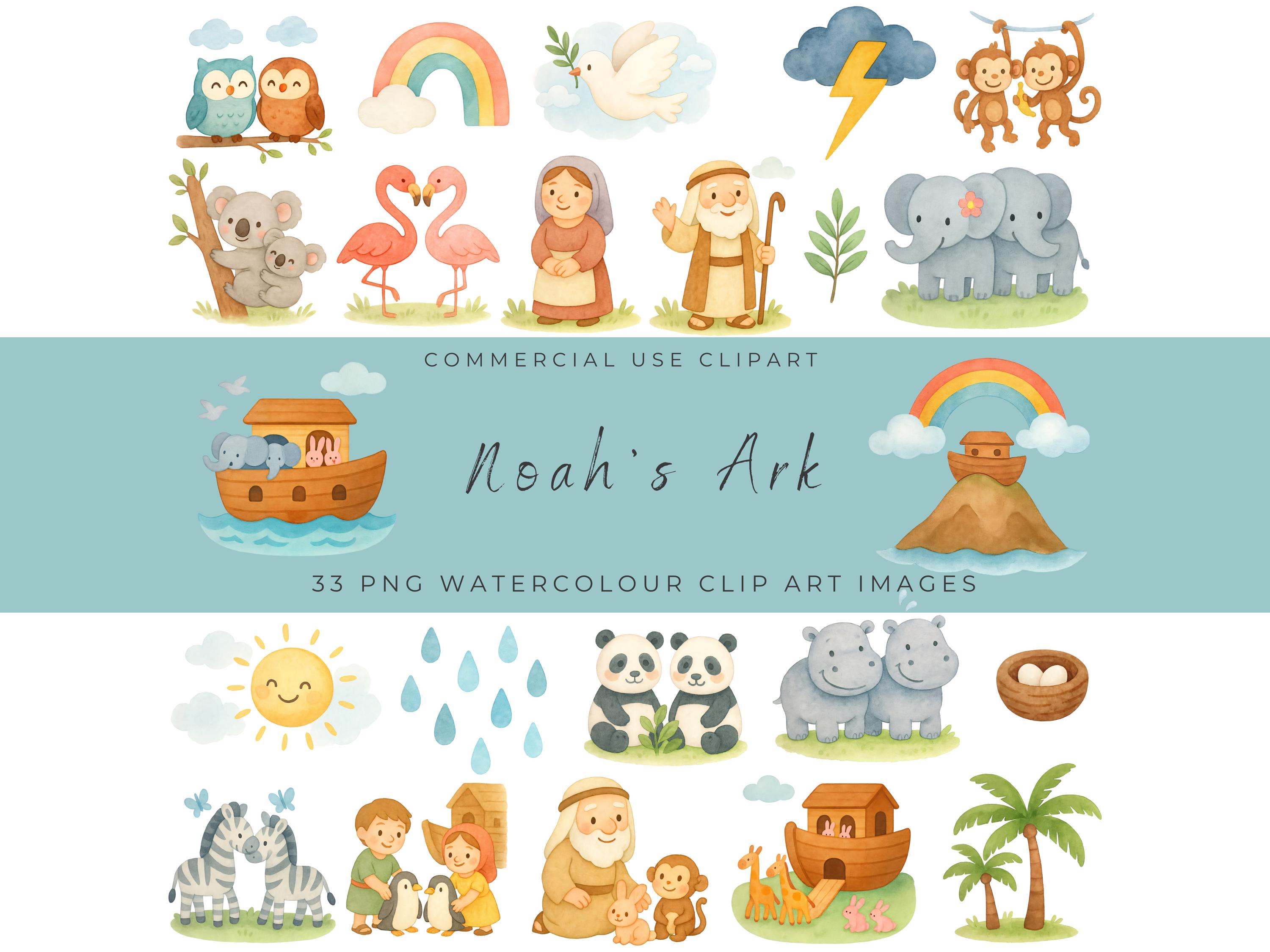 Noah’s Ark Watercolor Clipart Set – Bible Story Animals, Ark, Rainbow ...