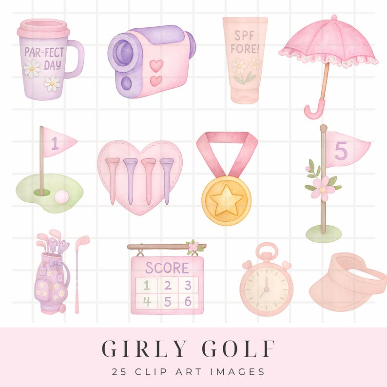 Girly Golf Clipart Set | Pastel Watercolor Golf Clubs, Cute Bag ...