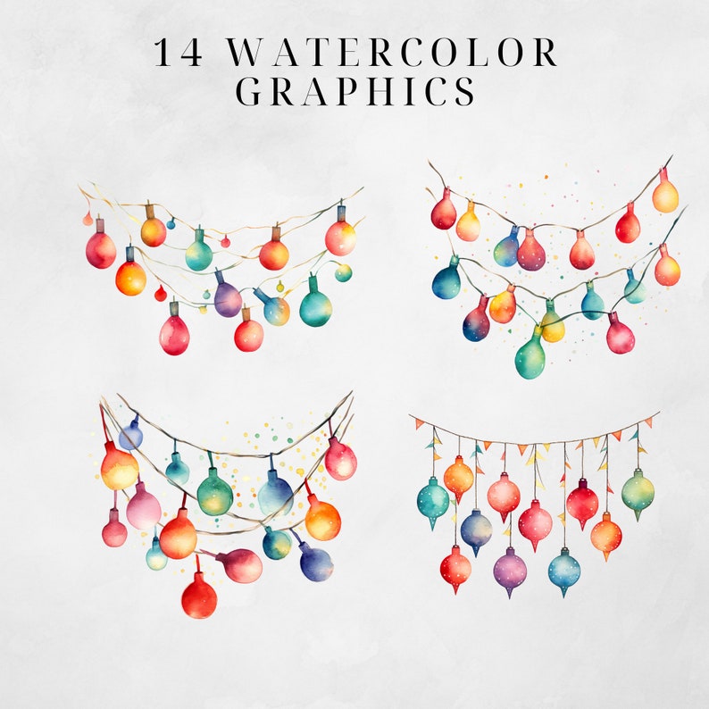 Christmas Festive Lights Clip Art Pack Watercolour, Clipart or ...