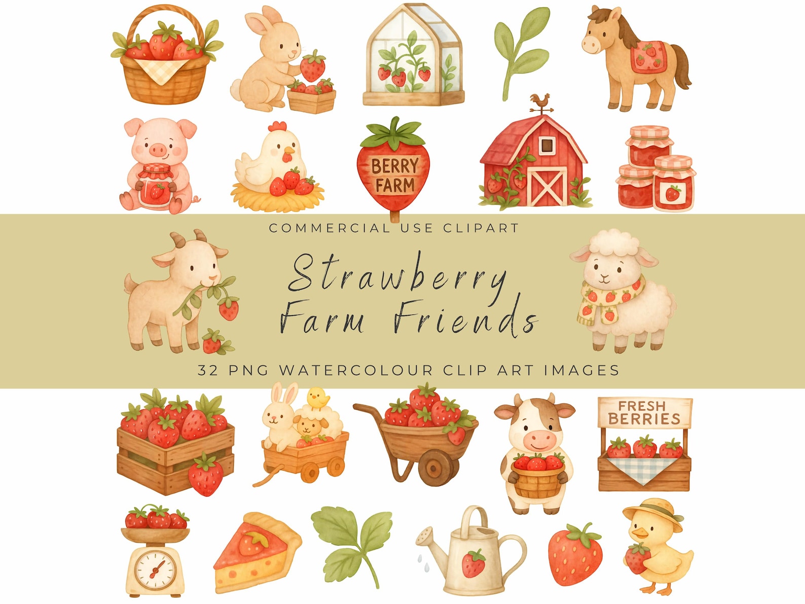 Strawberry Farm Friends Clipart – Watercolor Animals, Berries, Barn ...