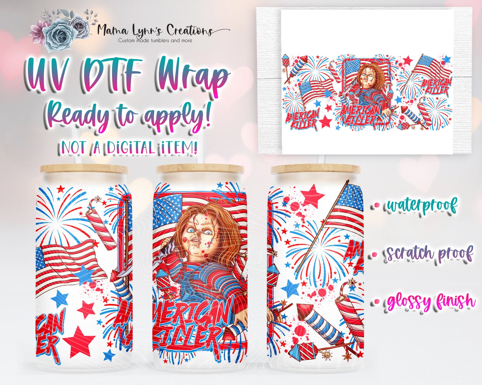 UVDTF 4th of July Horror Chucky Doll Wrap, Ready to Use Glass Cup UVDTF ...