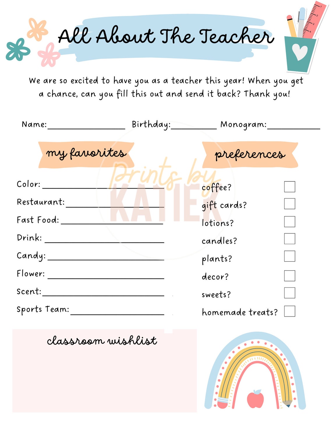 Teacher Favorites // Teacher Questionnaire // Teacher Survey // Teacher ...
