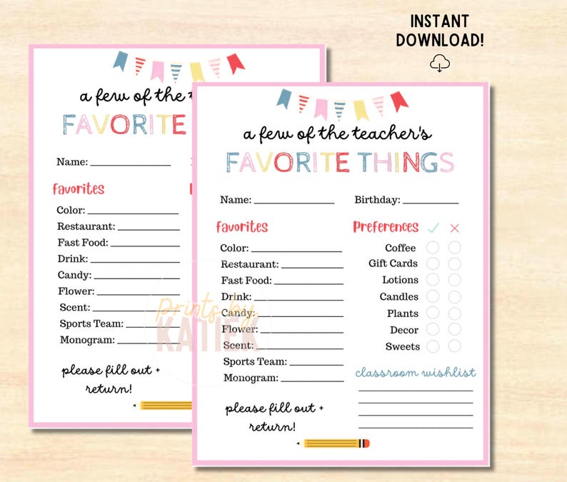 Teacher Favorites // Teacher Questionnaire // Teacher Survey // Teacher ...