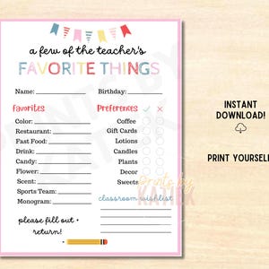 Teacher Favorites // Teacher Questionnaire // Teacher Survey // Teacher ...