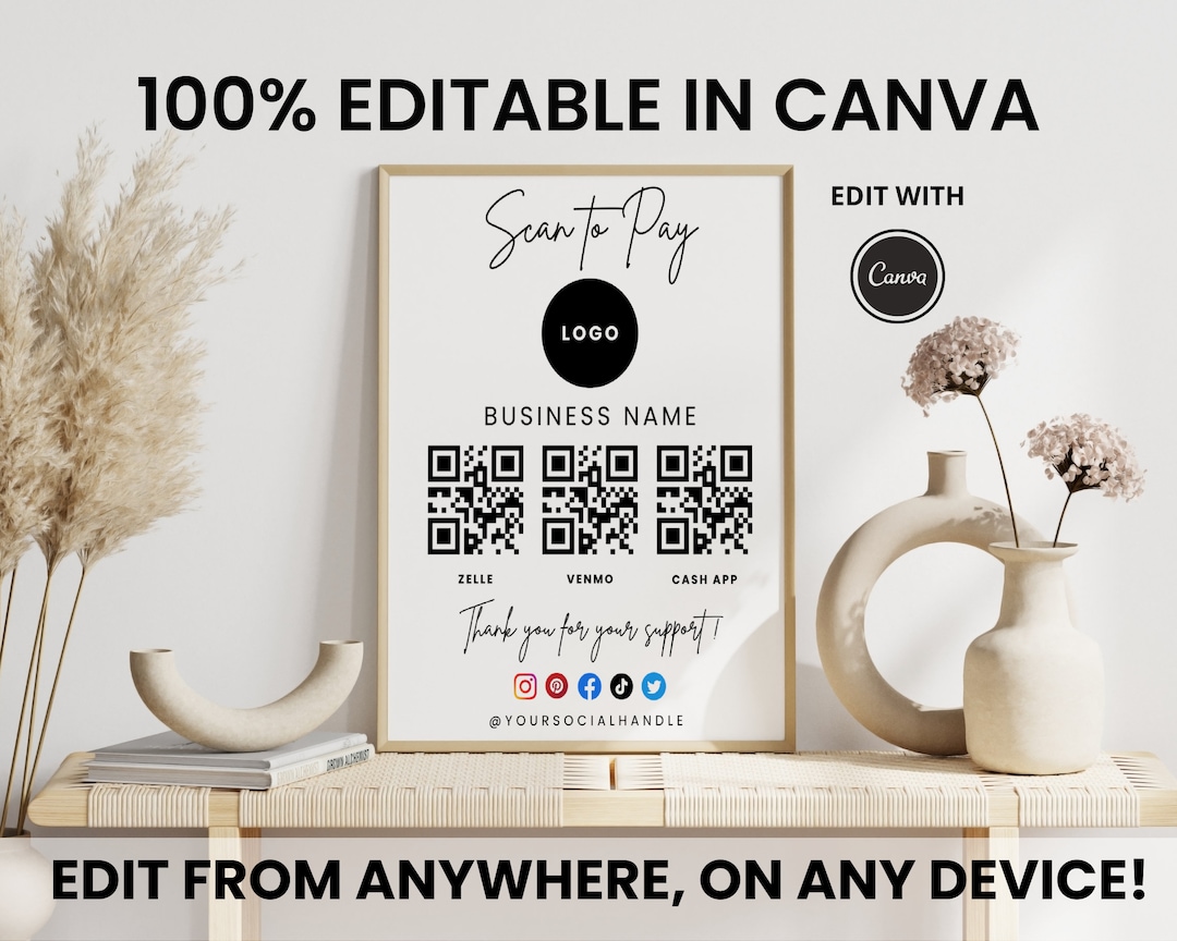 Scan to Pay QR Code Sign, Editable Canva Template, Scan to Pay, Digital ...