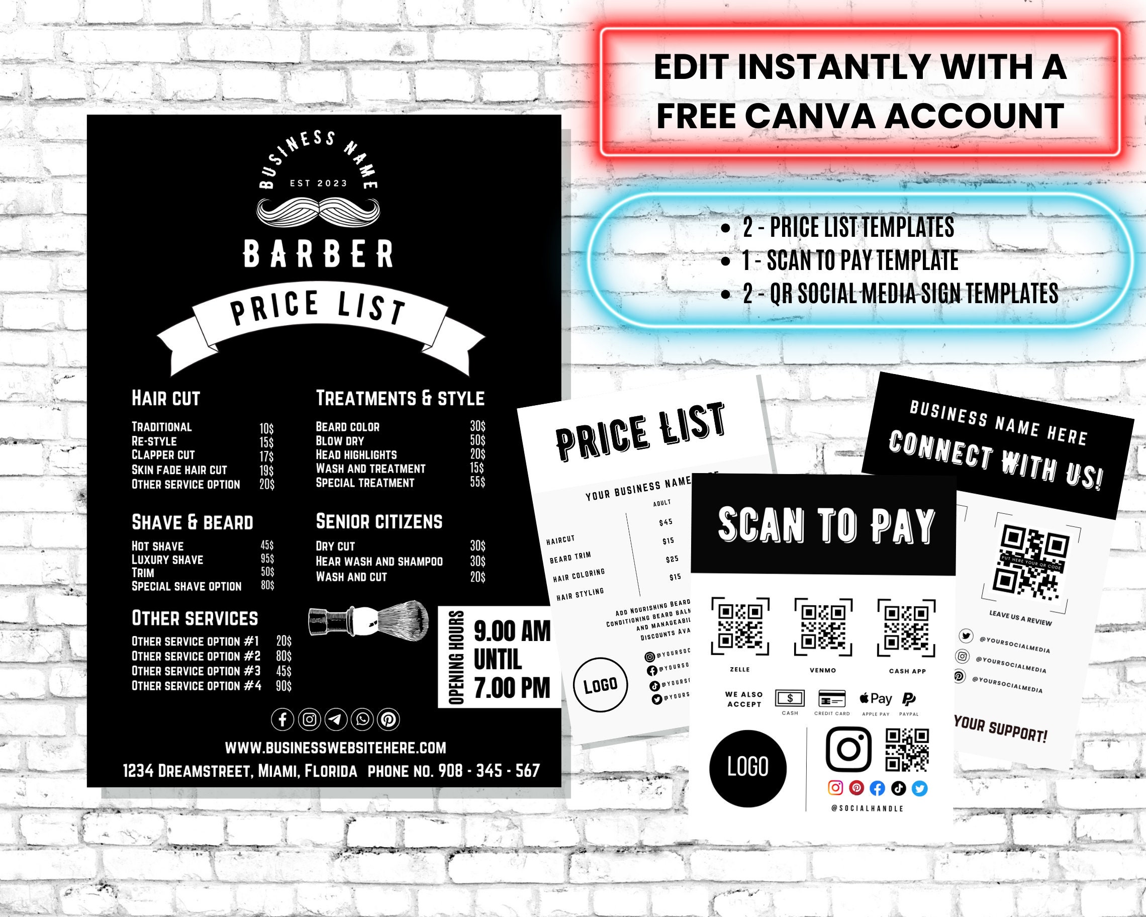 Barber Shop Price List Template, Social Media Template, Scan to Pay ...