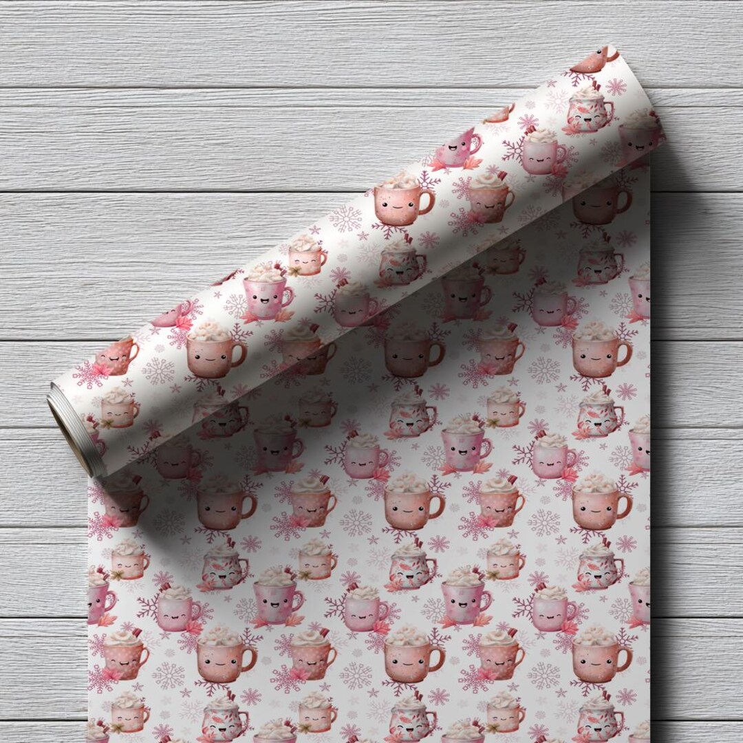 Pink Cocoa and Snowflakes Wrapping Paper: Cute Christmas Wrapping Paper ...