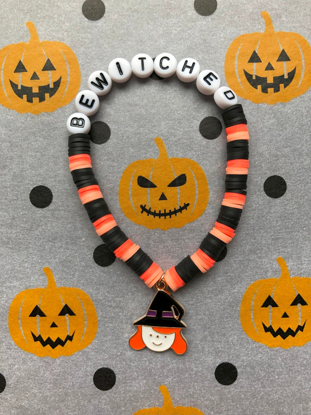 Halloween Clay Bead Bracelet - Bewitched Witch Charm (with Lettering ...
