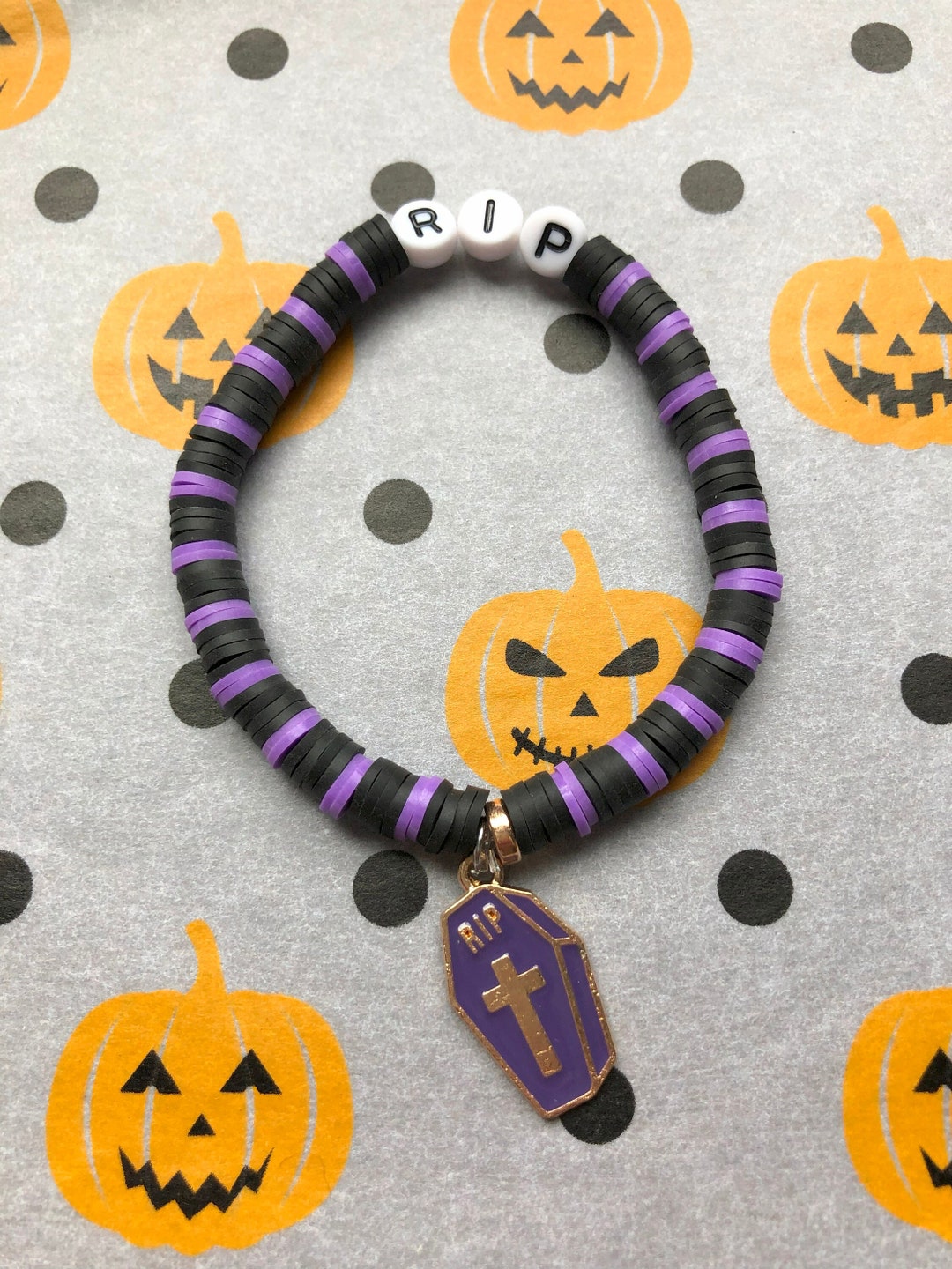 Halloween Clay Bead Bracelet - Rest in Peace (RIP) Coffin Charm (with ...