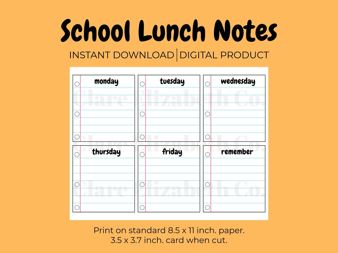 School Lunch Notes/ Kids Lunch/ Notes/ Printable Lunch Notes/ School ...