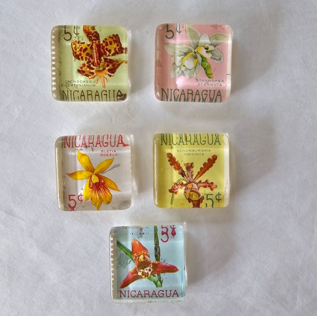 Set of 5 1962 Orchid Postage Stamp Magnets Nicaragua Sobretasa Postal ...