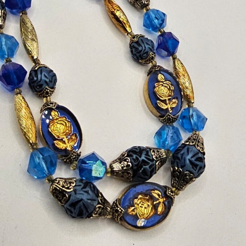 60's Double Strand Rose Beaded Necklace Faceted Blue Gold Tone Beads ...