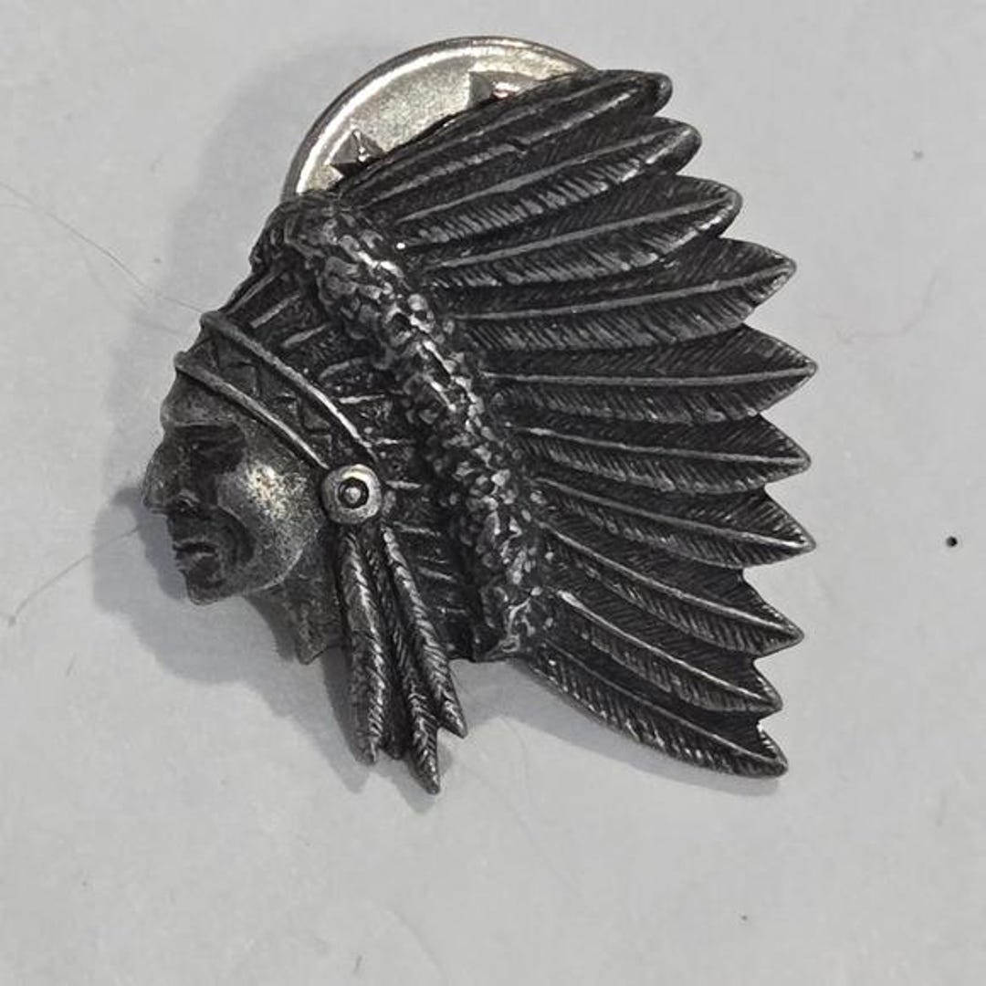 1982 Pewter Native American Lapel Pin Indian Chief Gray Pinback Costume ...