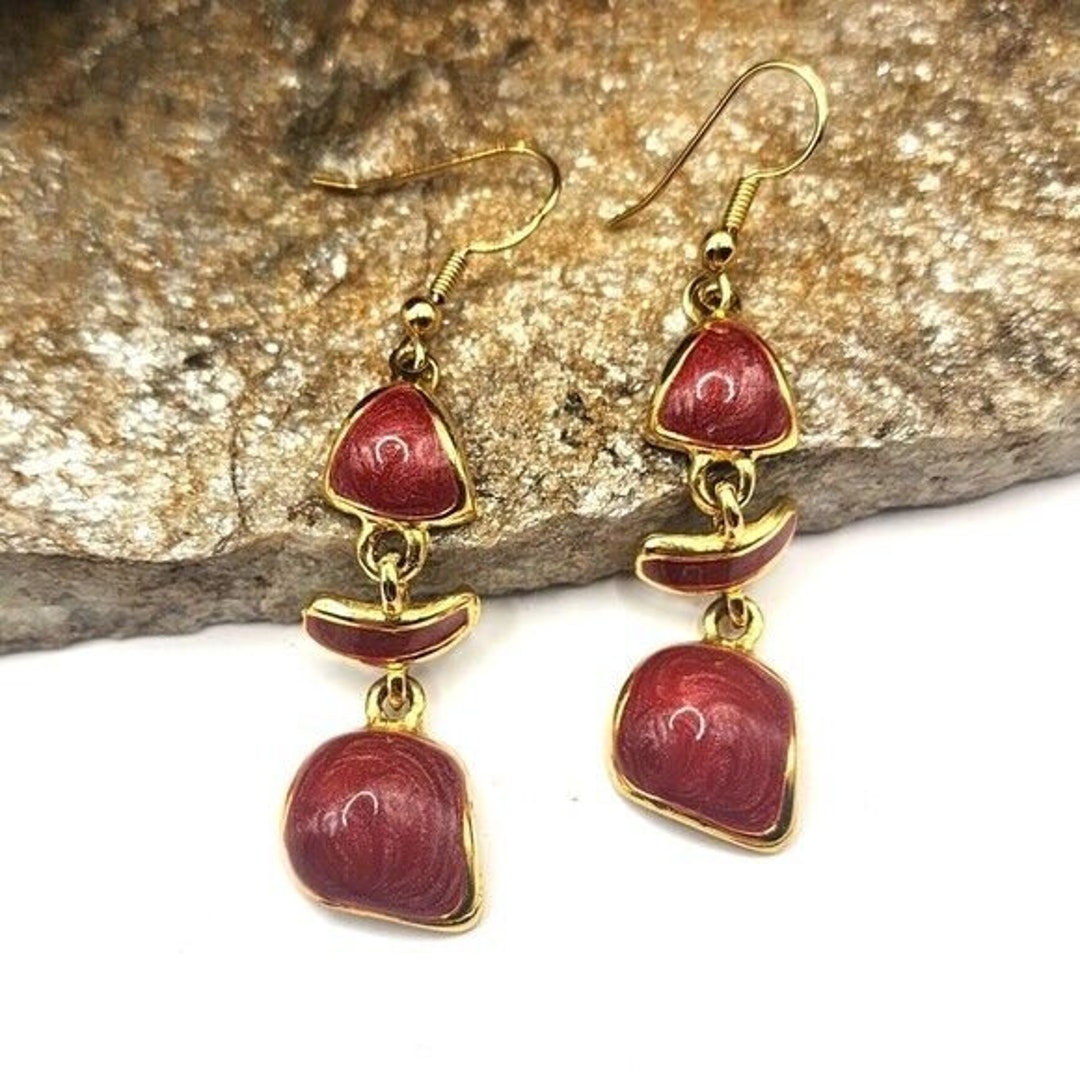 90's Enamel Earrings Pierced Gold Tone Dangle Drop Statement Fashion ...