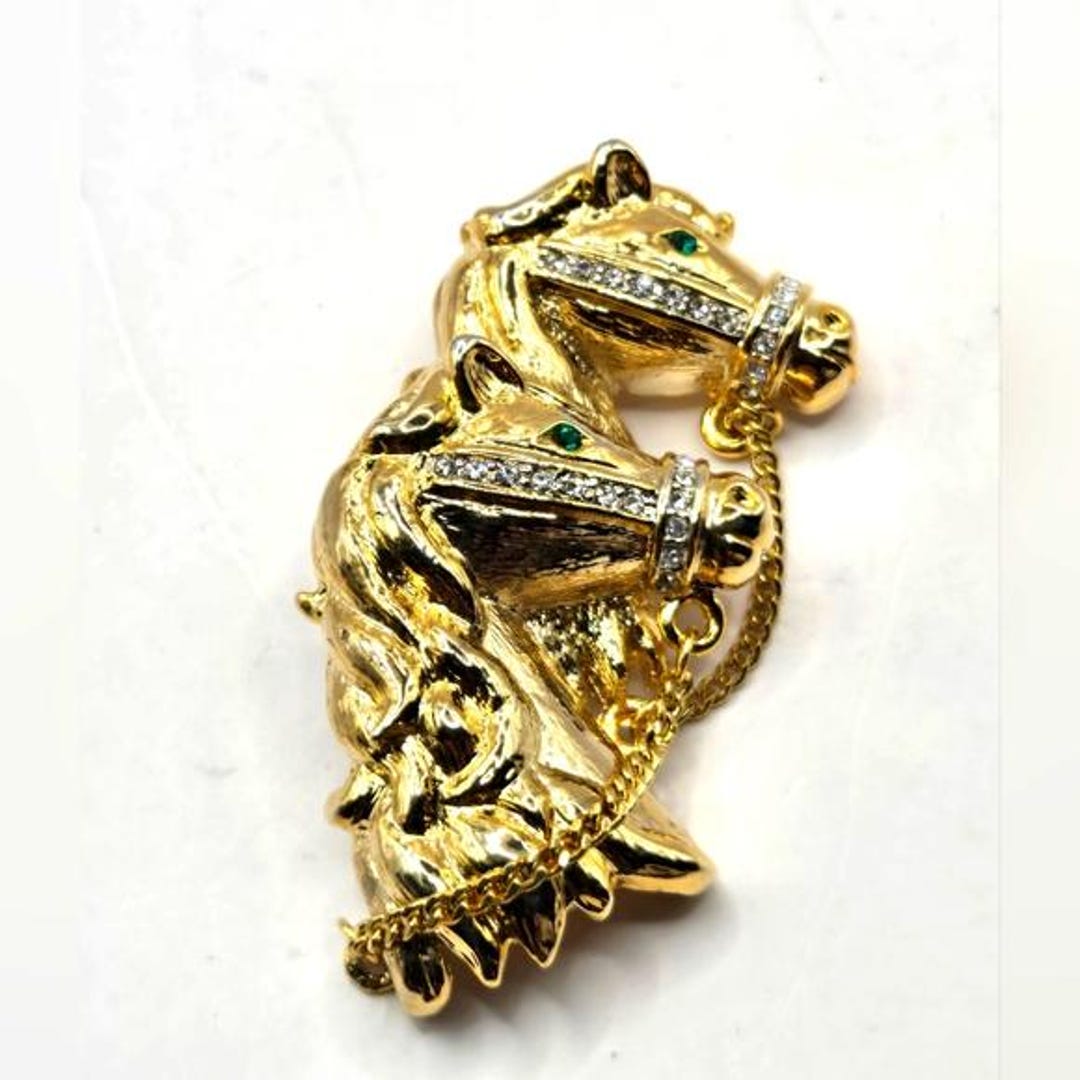 RARE 70's Double Horse Head Brooch Rhinestone Moveable Reins Gold Tone ...