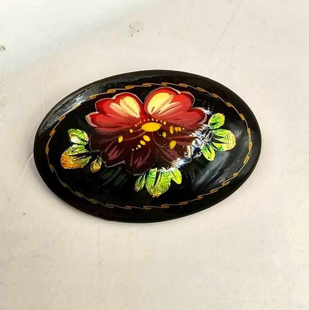 Signed 90's Russian Hand Painted Lacquered Lapel Pin Floral Brooch ...