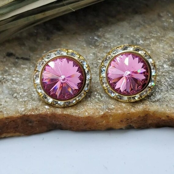 80's Pink Rhinestone Gold Tone Clip-On Rivoli Earring… - Gem
