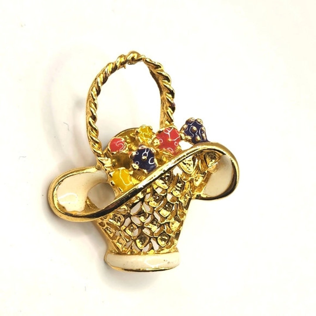 90's Flower Basket Lapel Pin Flower Enamel Floral Gold Tone Brooch ...