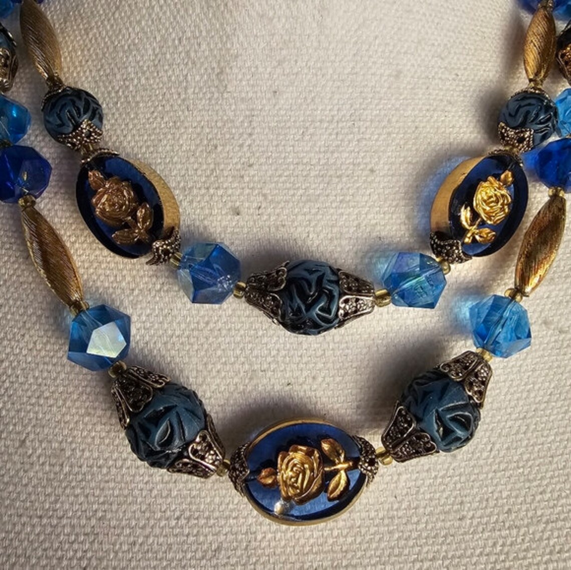 60's Double Strand Rose Beaded Necklace Faceted Blue Gold Tone Beads ...