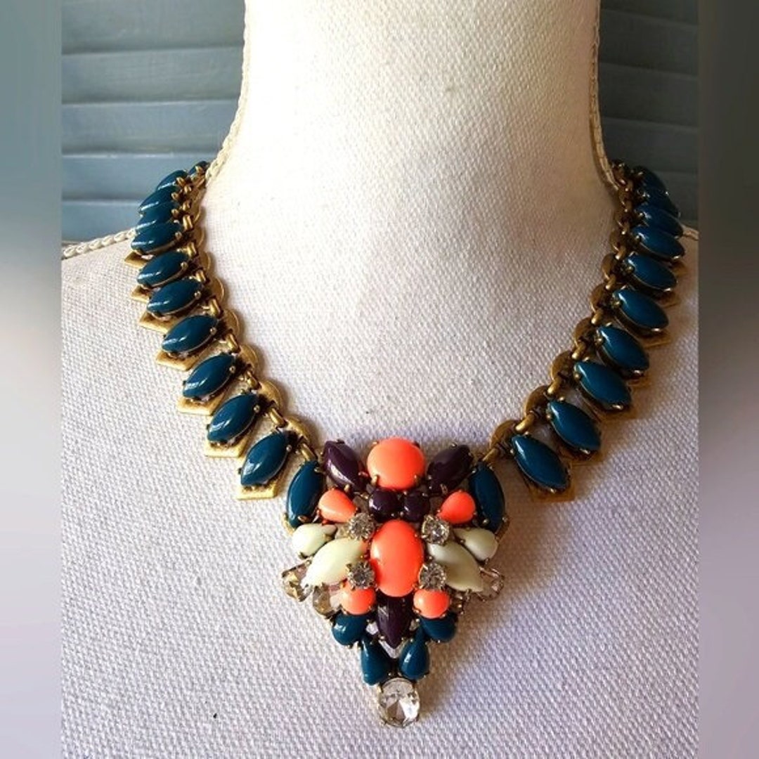 Modern J. Crew Teal Coral Color Rhinestone Necklace Gold Tone Single ...