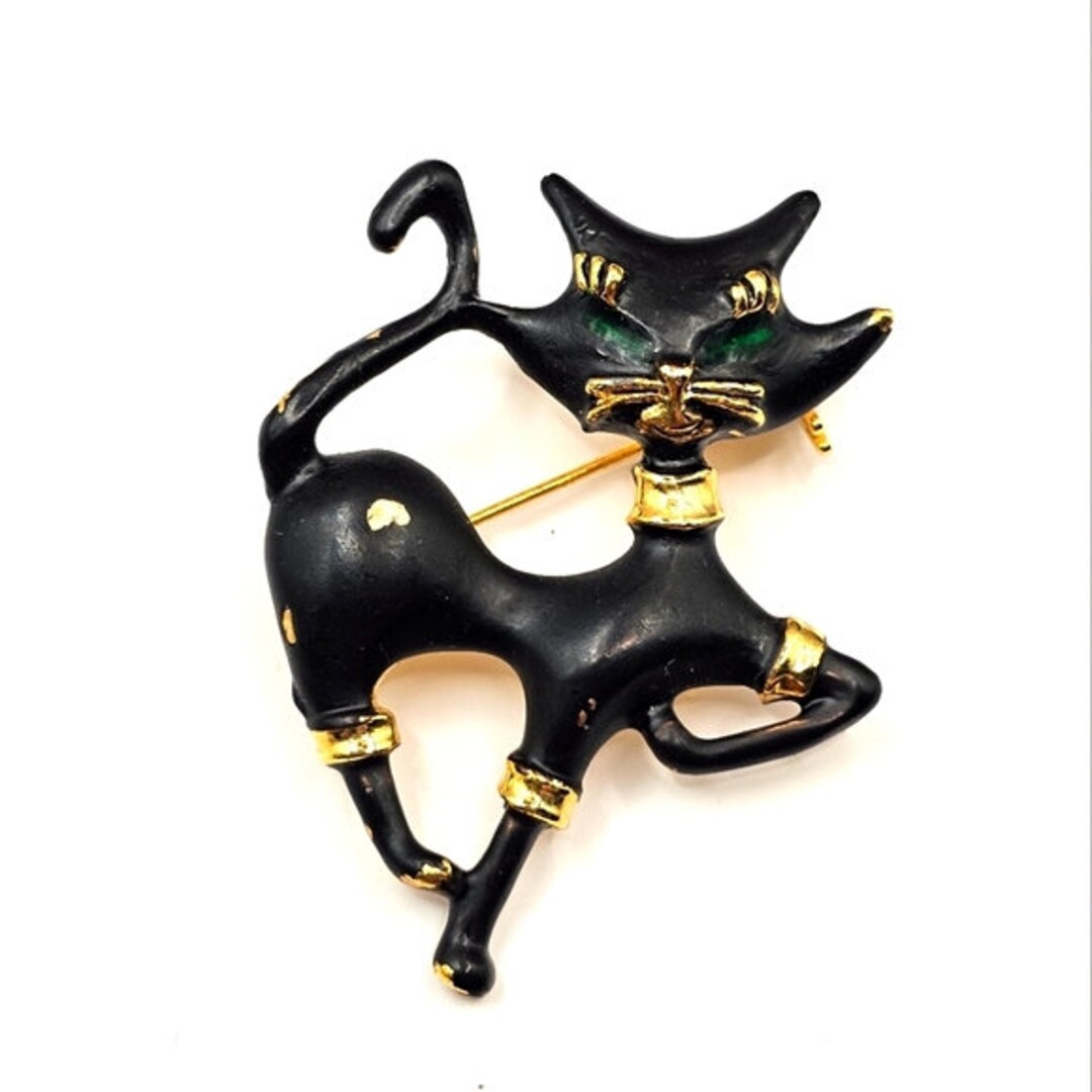 60's Black Cat Lapel Pin Gold Tone Green Eyes Retro Figural Pinback ...