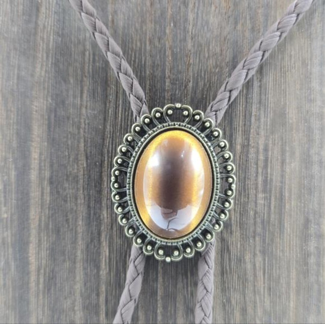 Western Wear Brass Tone Filigree Oval Bolo Lariat Faux Tigers Eye Tie ...