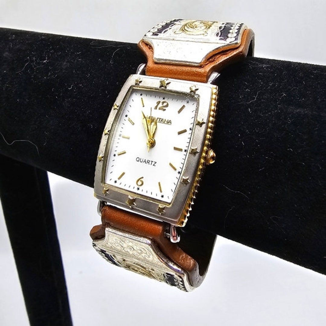 Montana Silversmiths Watch Women's Leather Band Gold Silver Large Face ...