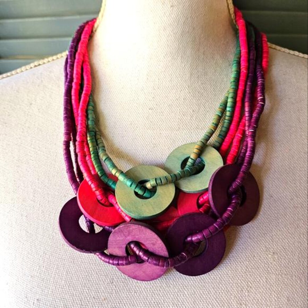 80's Wood Big Bold Necklace Multi Strand Pink Purple Teal Statement ...