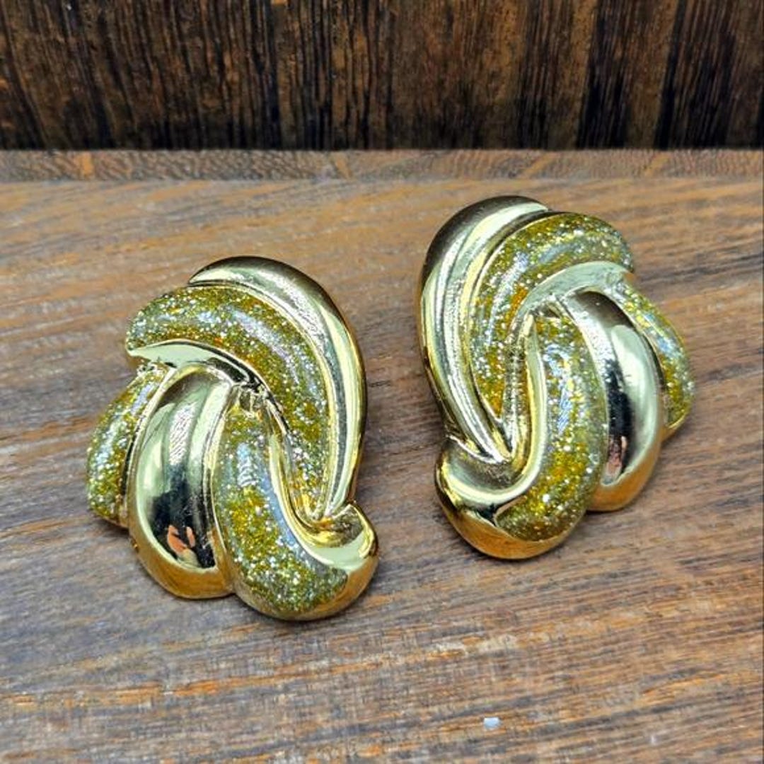 Designer Signed Avon 1987 Glitter Swirl Earrings Pierced Gold Pave ...