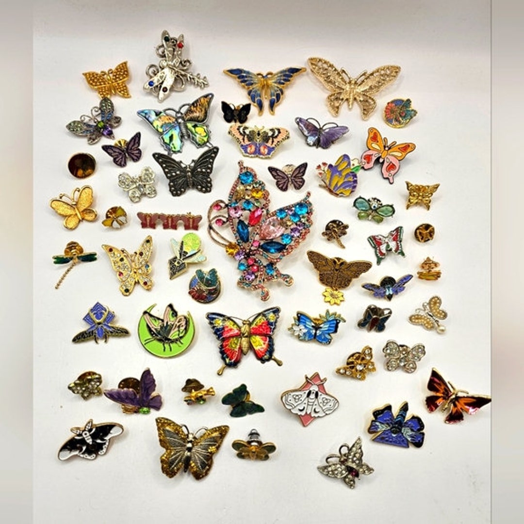 Lot of 52 Butterfly Lapel Pins Rhinestone Signed Enamel Gold Silver ...