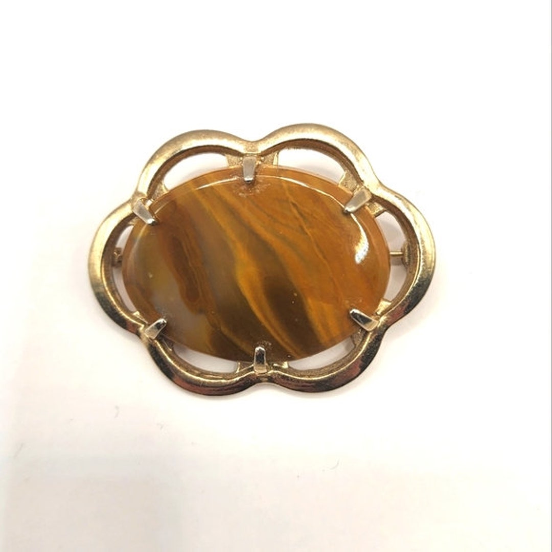 70's Agate Stone Lapel Pin Oval Gold Tone Brooch Pinback Button Costume ...