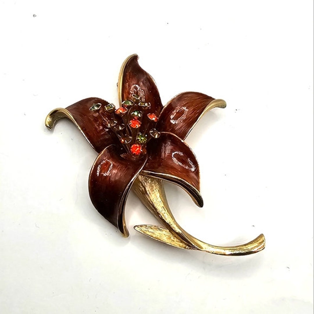 60's Rhinestone Floral Enamel Lapel Pin Gold Tone Brooch Pinback ...