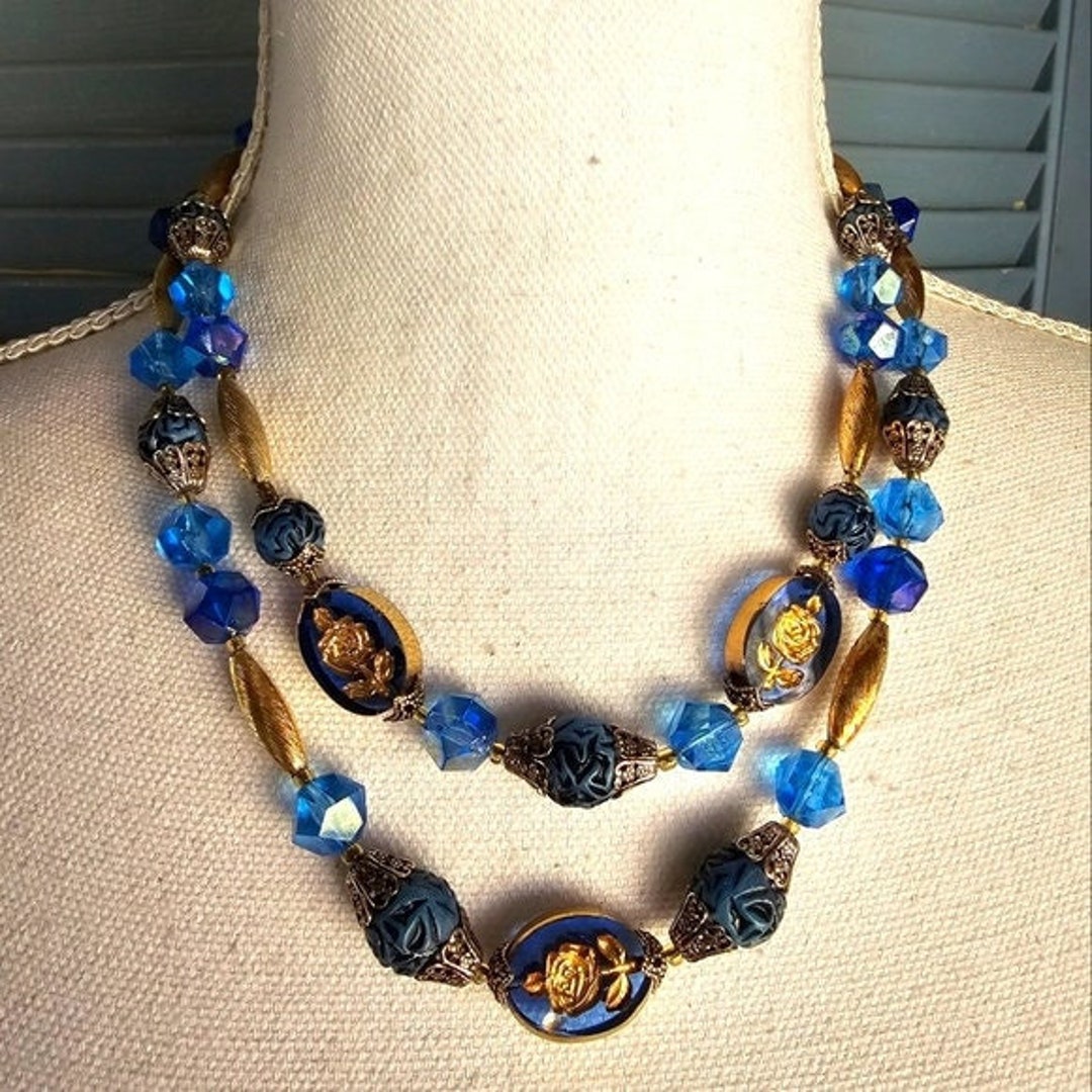 60's Double Strand Rose Beaded Necklace Faceted Blue Gold Tone Beads ...