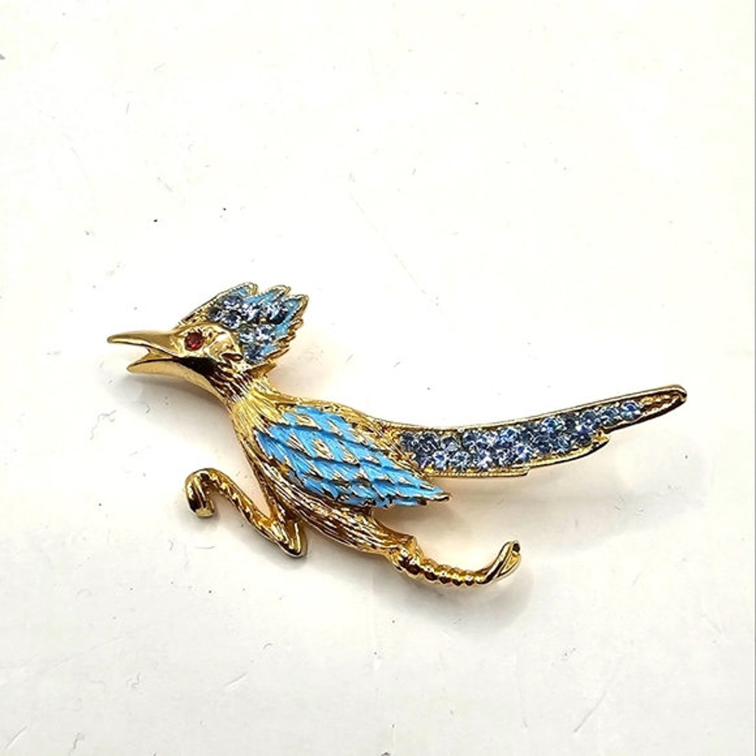 60's Rhinestone Roadrunner Lapel Pin Figural Bird Enamel Pinback Button ...
