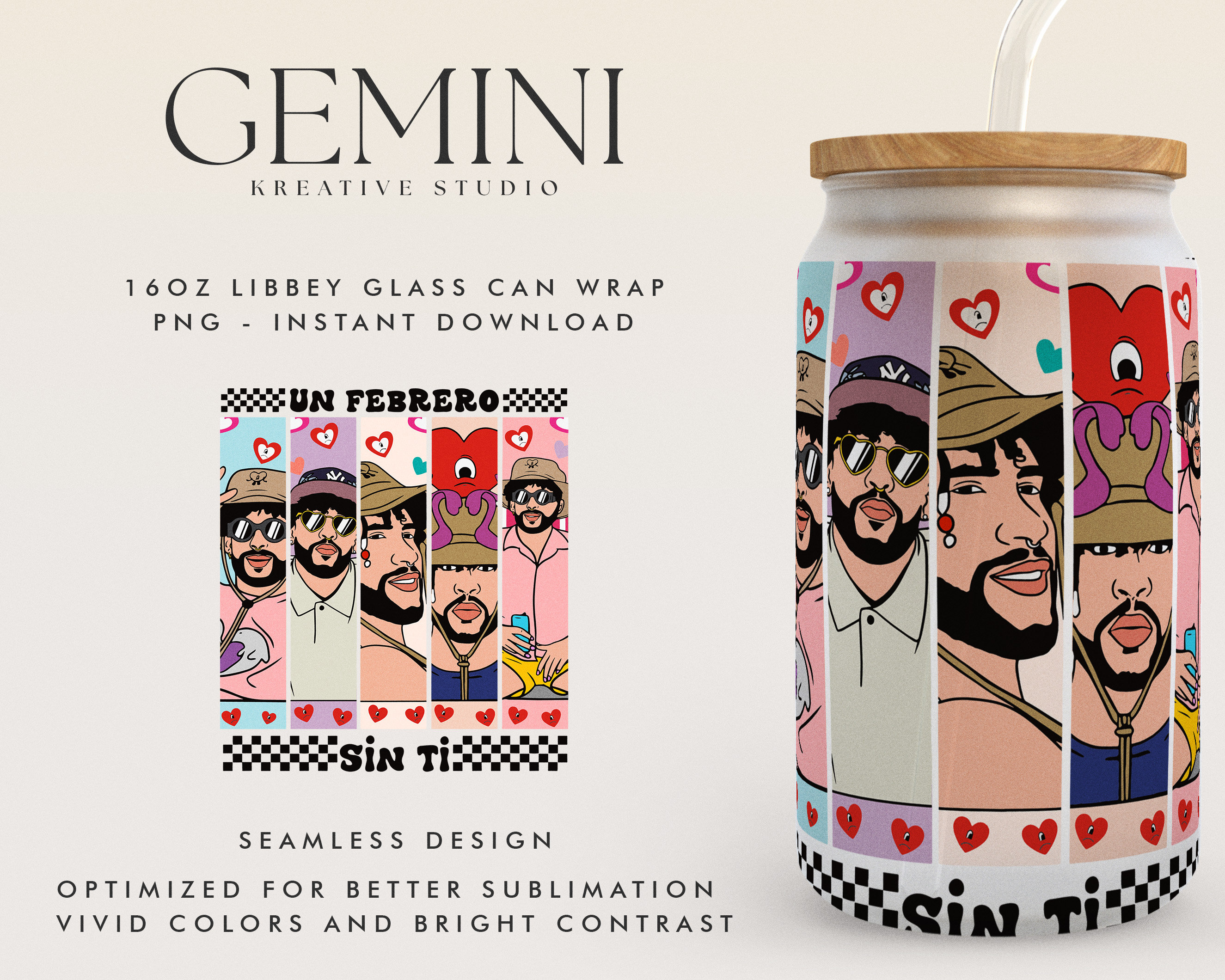 Bad Bunny Valentines 16oz Libbey Can Wrap PNG, Valentines Day Glass Can ...