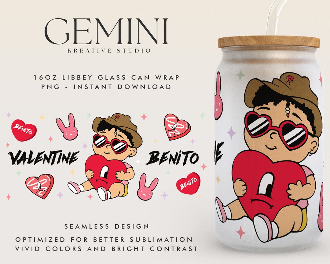 Bad Bunny Valentines 16oz Libbey Can Wrap PNG, Valentines Day Glass Can ...