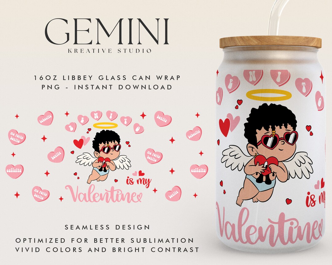 Bad Bunny Valentines 16oz Libbey Can Wrap PNG, Valentines Day Glass Can ...