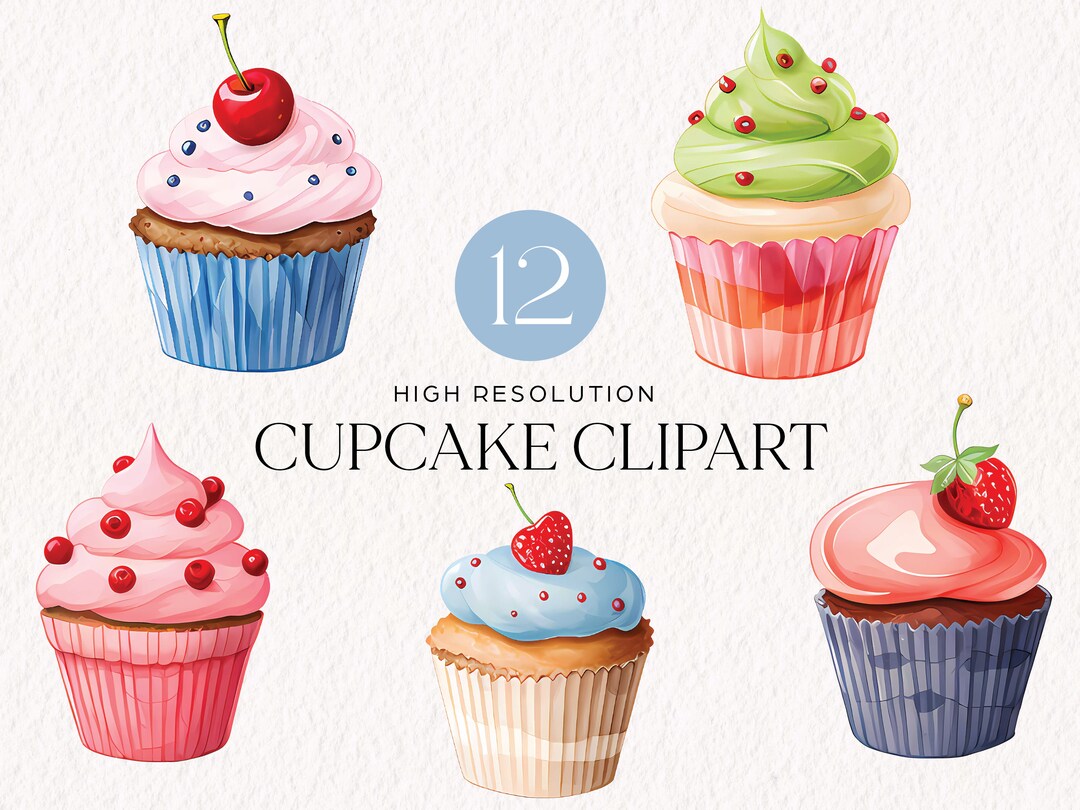 12 Cupcake Clipart - Commercial Use - Watercolor Cupcake Clipart ...
