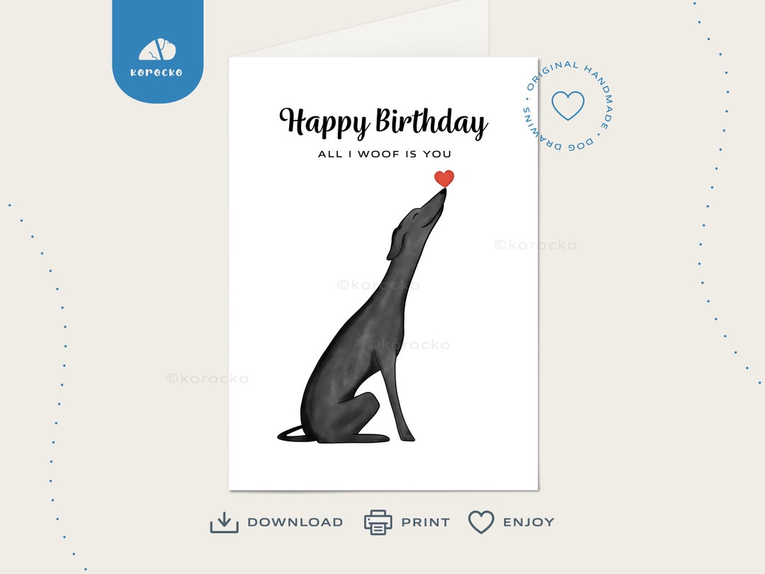Printable Greyhound Birthday Card INSTANT DOWNLOAD, Black Whippet ...