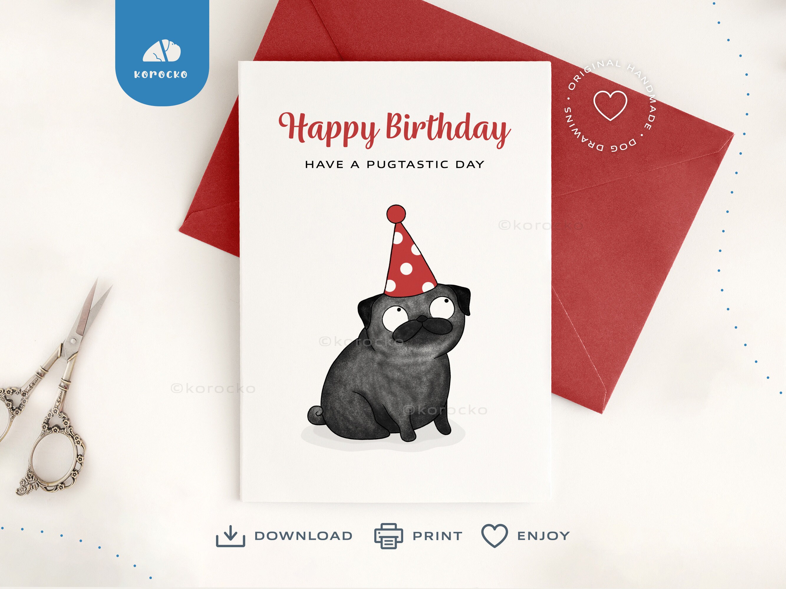 Black Pug Birthday Card Digital Download, Happy Birthday Card From Pug ...