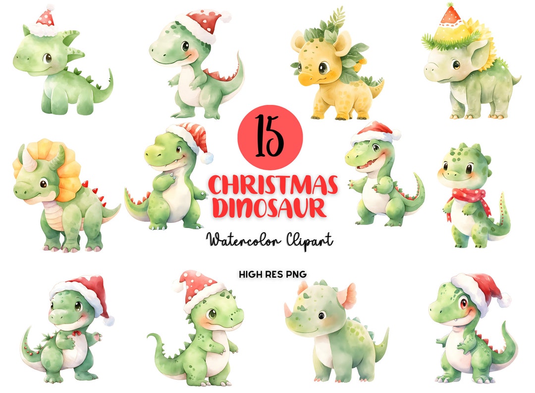 Christmas Dinosaur Watercolor Clipart: Holiday Dino PNG (digital ...