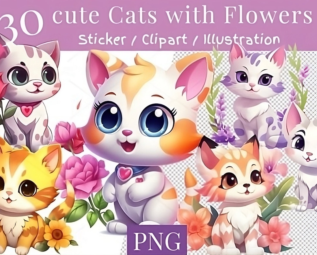Cute Cats SVG Clipart Cats Flowers Clipart Set Cute Kitties Clipart Svg ...