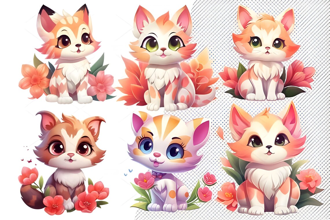 Cute Cats SVG Clipart Cats Flowers Clipart Set Cute Kitties - Etsy